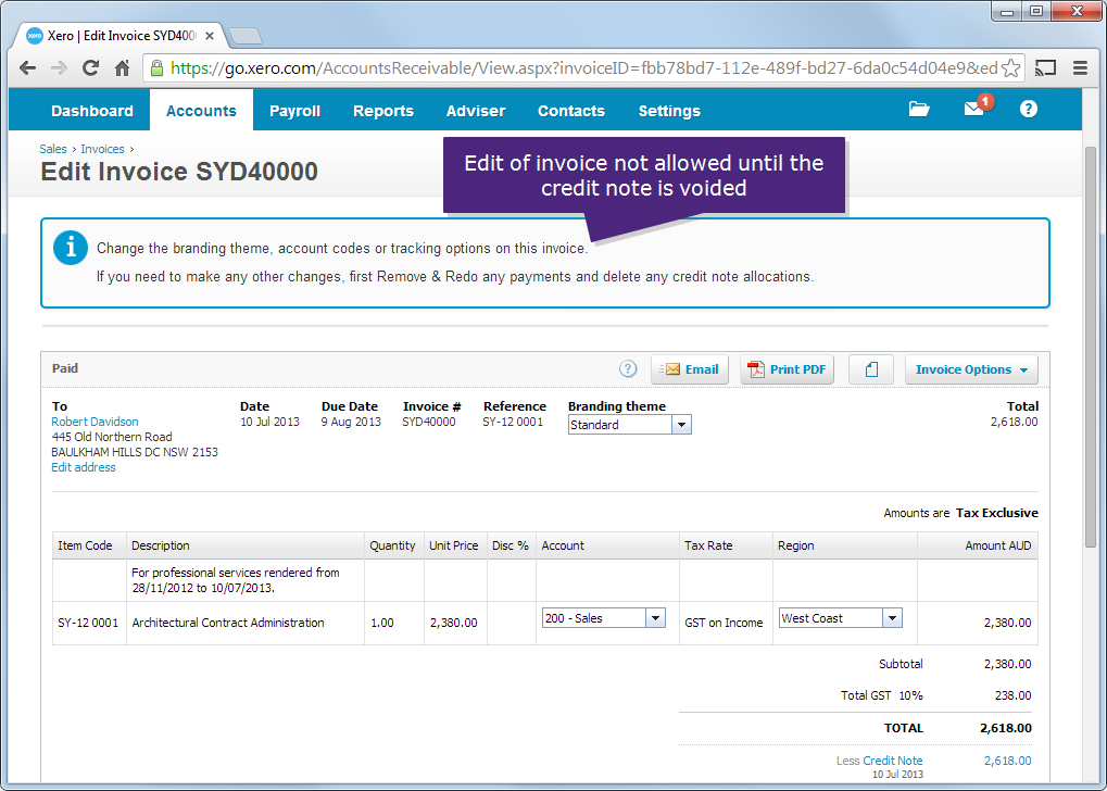 Amend a paid invoice