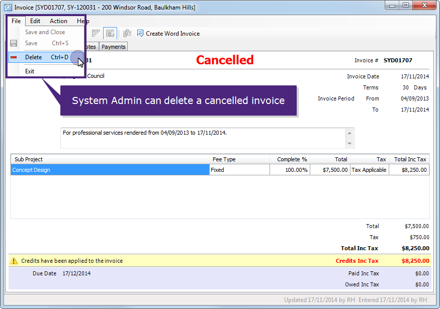 Delete a cancelled invoice