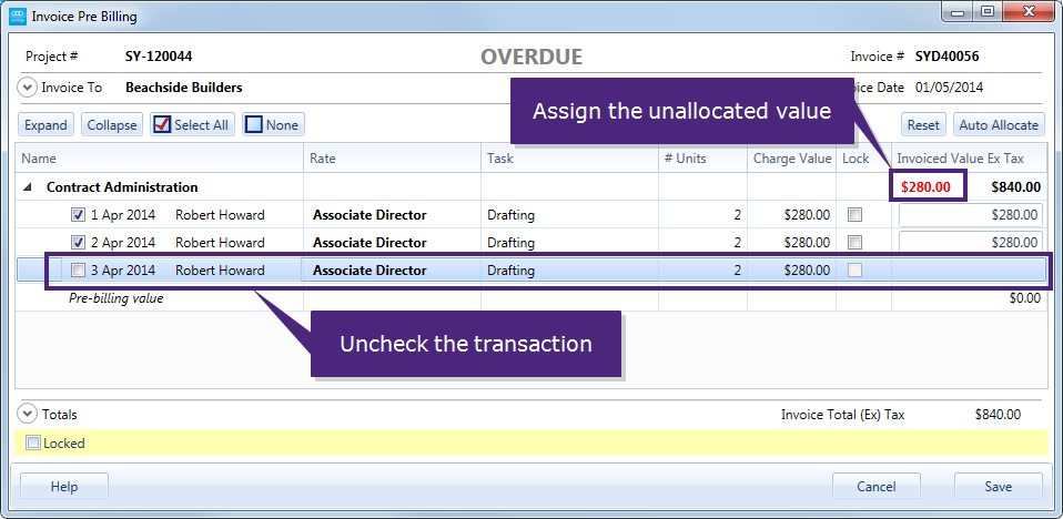 Transactions on the wrong invoice